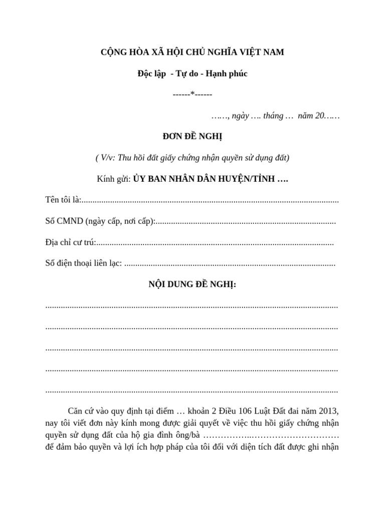 Mau Don de Nghi Thu Hoi Dat Va Huong Dan Cach Viet Chuan | PDF
