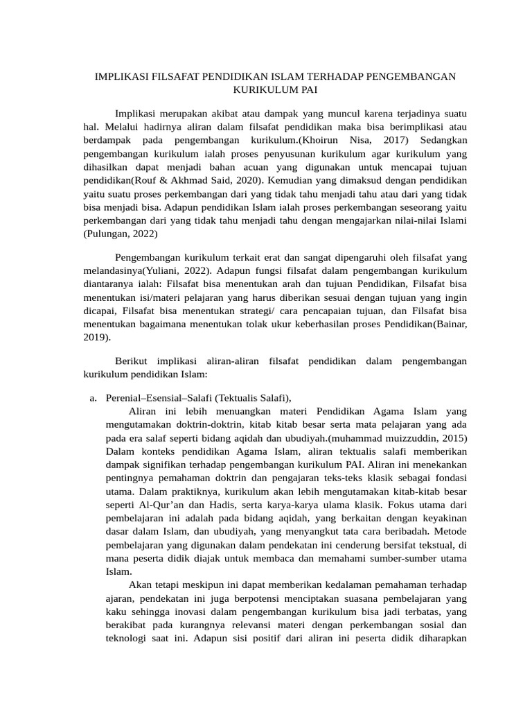 Implikasi Filsafat Pendidikan Islam Terhadap Pengembangan Kurikulum Pai | PDF