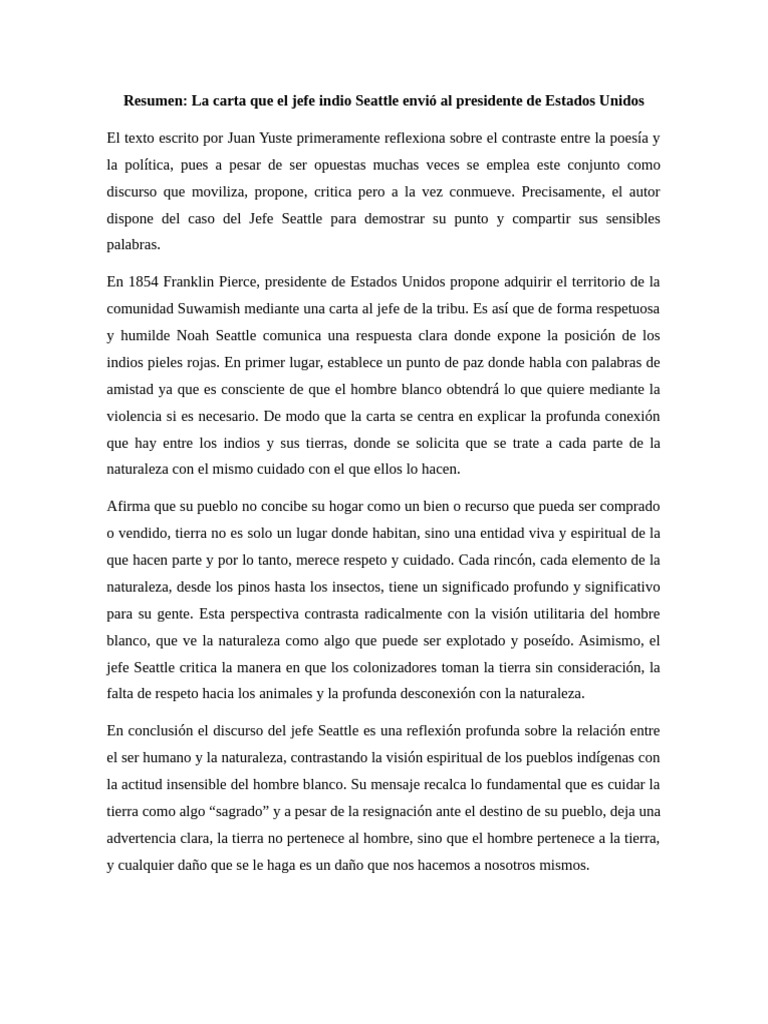 Resumen La Carta Que El Jefe Indio Seattle | PDF