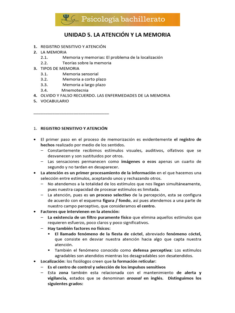 Unidad 5 Atencic3b3n y Memoria1 | PDF | Memoria | Atención
