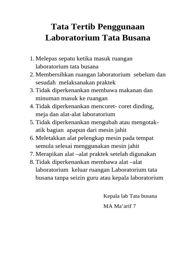 Tata Tertib Penggunaan Laboratorium Tata Busana | PDF