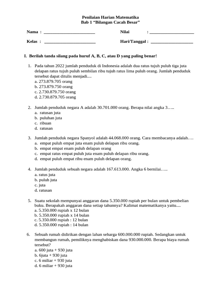 PH MTK Bab 1 Bil - Cacah Besar | PDF