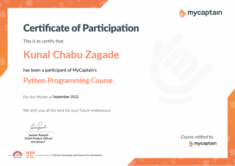 MyCaptain Python Programming Workshop Certificate | PDF