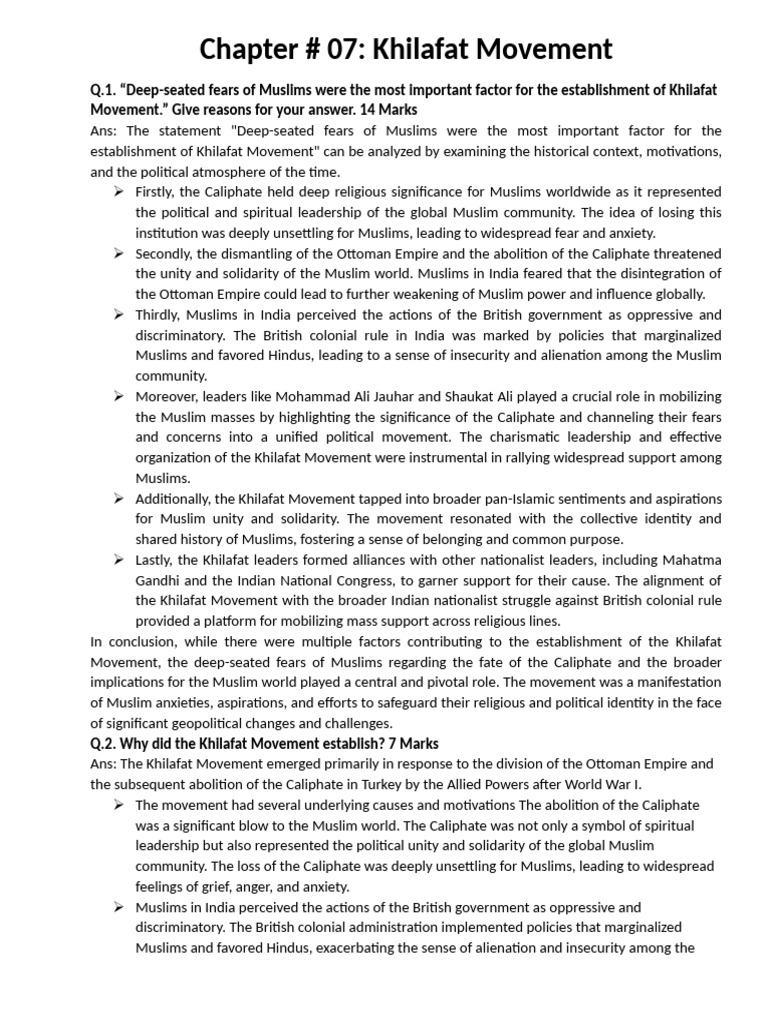 Chapter 7 Khilafat Movement | PDF | Mustafa Kemal Atatürk | Mahatma Gandhi
