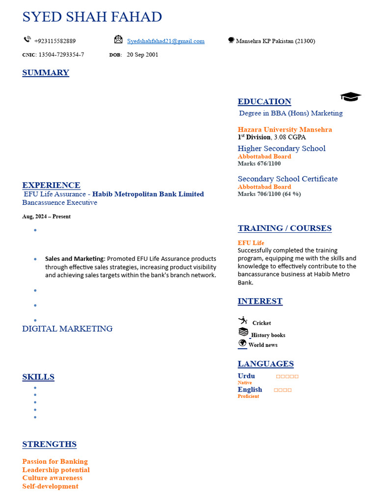 Shah Fahad CV 2 | PDF | Sales | Marketing