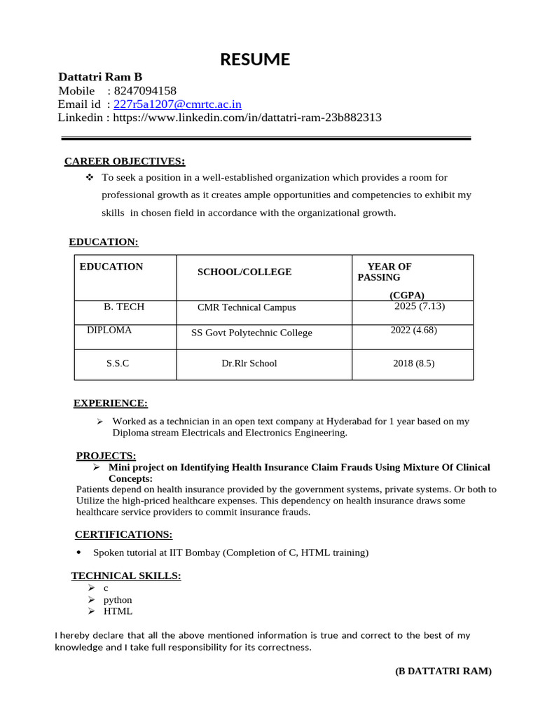 Dattatri Ram - Resume (1) 11 | PDF | Business