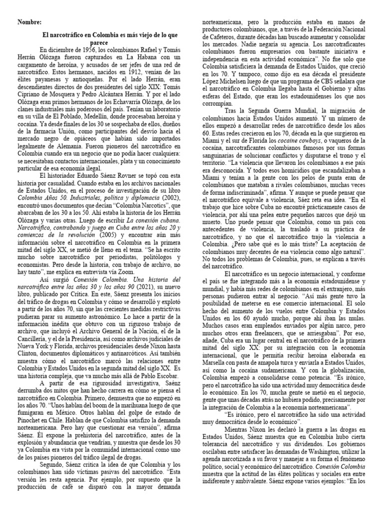 Taller N2 Historia Octavo Cuarto Periodo | PDF | Colombia | Comercio ilegal de drogas