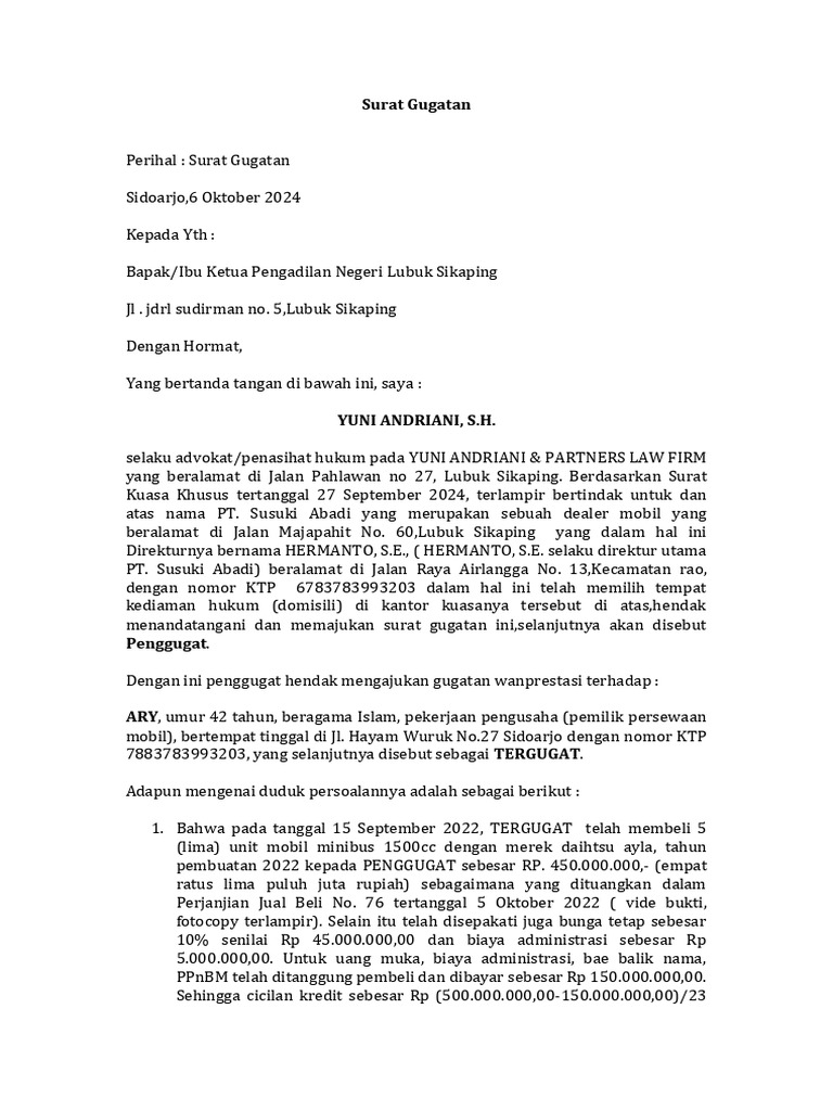 Surat - Gugatan - Wanprestasi Yuni | PDF