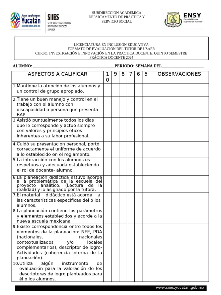 Formato de Evaluación Del Tutor Ensy Lie 2024 | PDF | Maestros | Evaluación