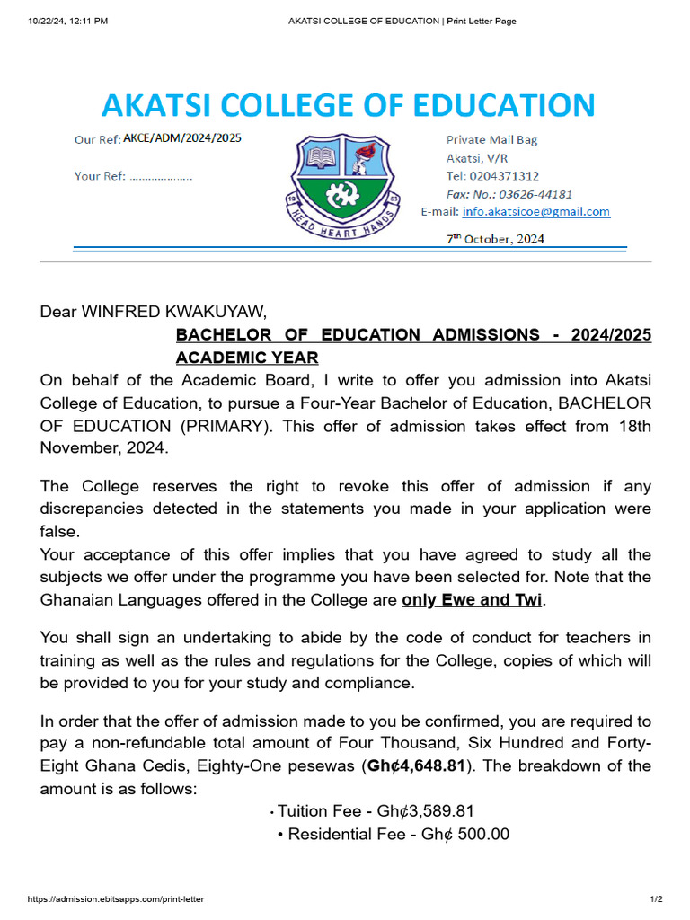Akatsi College Admission Offer 2024/2025 | PDF