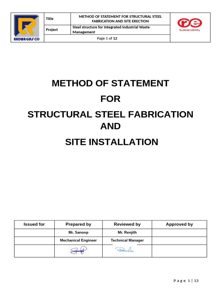 Steel Structure Fabrication Method Statement | PDF | Welding | Construction