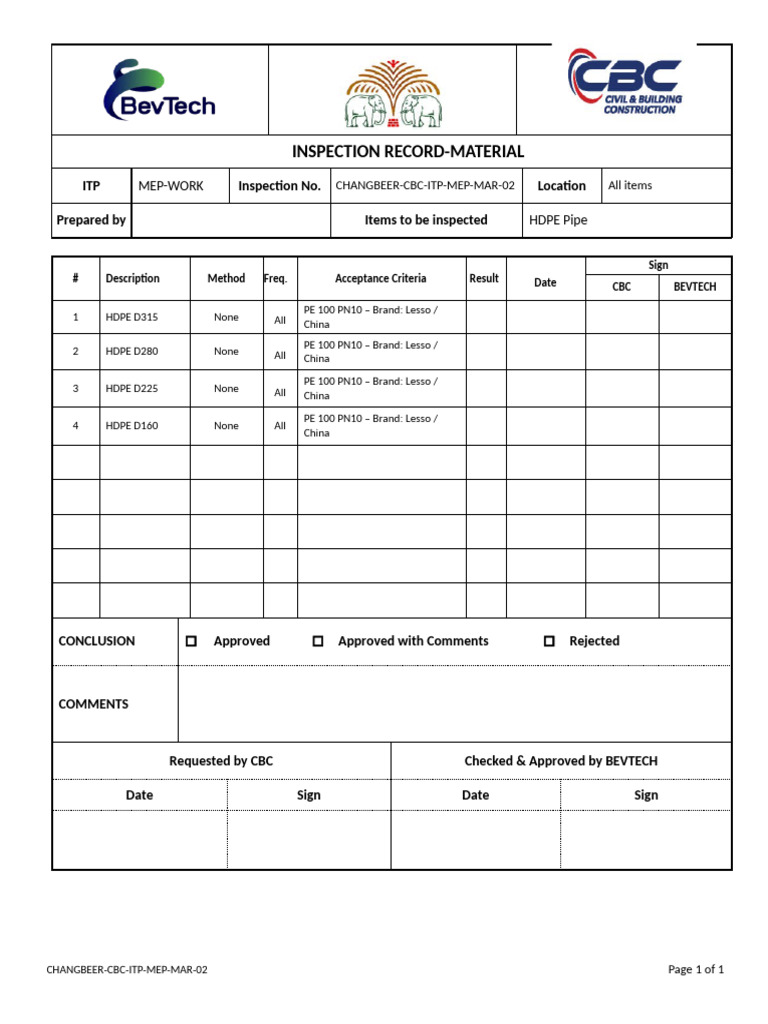 Inspection Record - HDPE PIPE | PDF