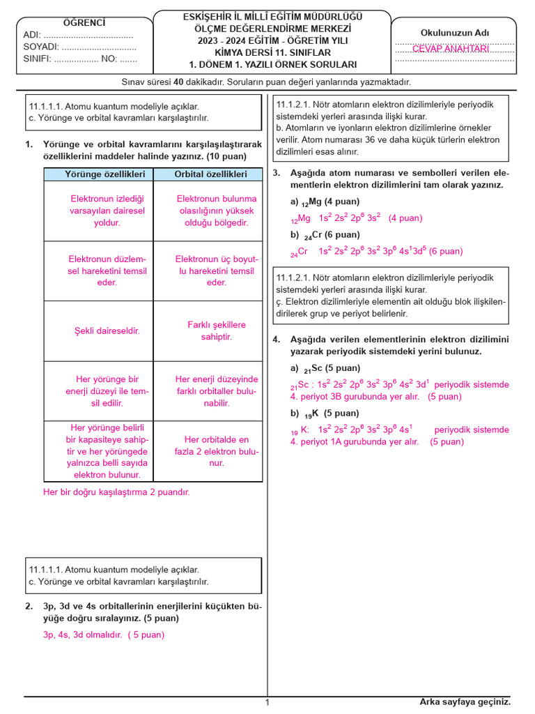 2023-24 Kimya 11 - sYnYf. 1. Doynem 1. YazYlY OYrnek CA | PDF