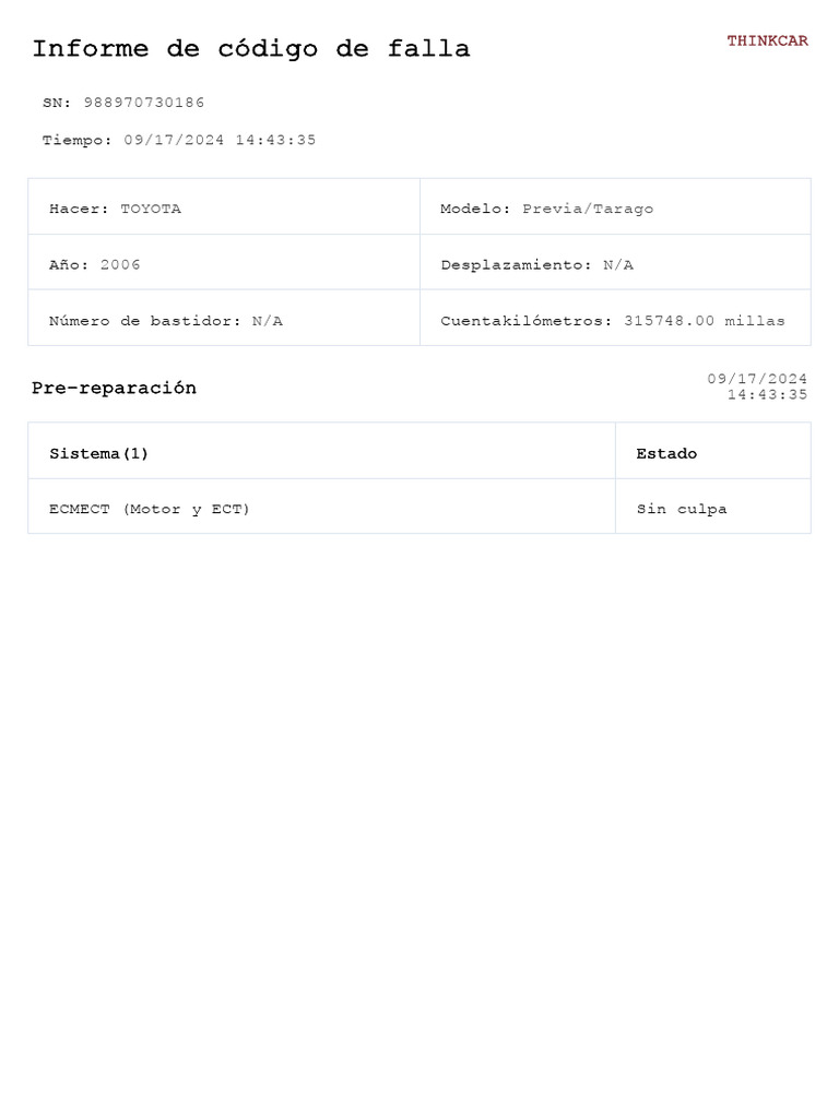 TOYOTA Pre-reparación Informe de Código de Falla 20240917144335 031620 | PDF