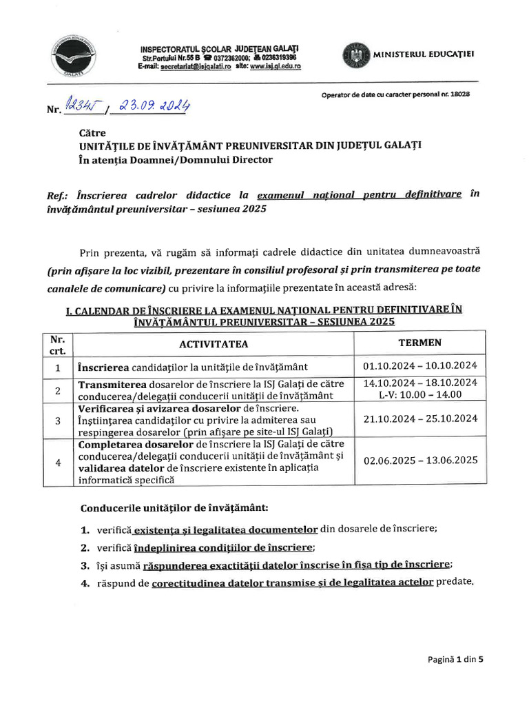 A.12345 Precizari Inscriere Definitivat 2025 | PDF