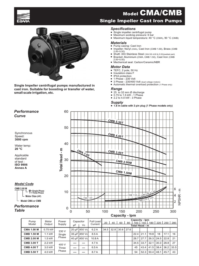 EBARA CMA - CMB - Data - Sheet | PDF | Pump | Electric Motor