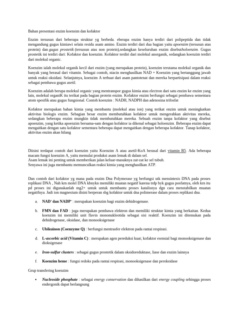 Bahan Presentasi Enzim Koenzim Dan Kofaktor | PDF