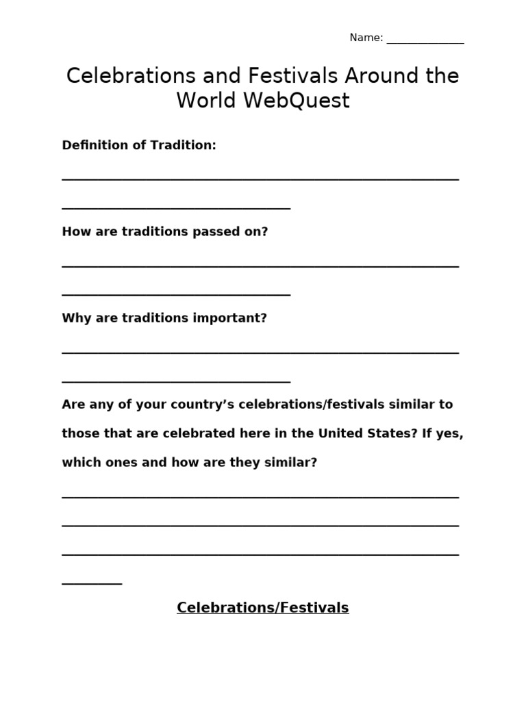 Celebrations and Festivals Around The World Webquest: Definition of ...