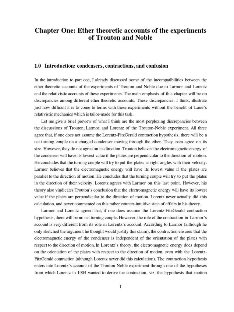 Chapter One: Ether Theoretic Accounts of The Experiments of Trouton and ...