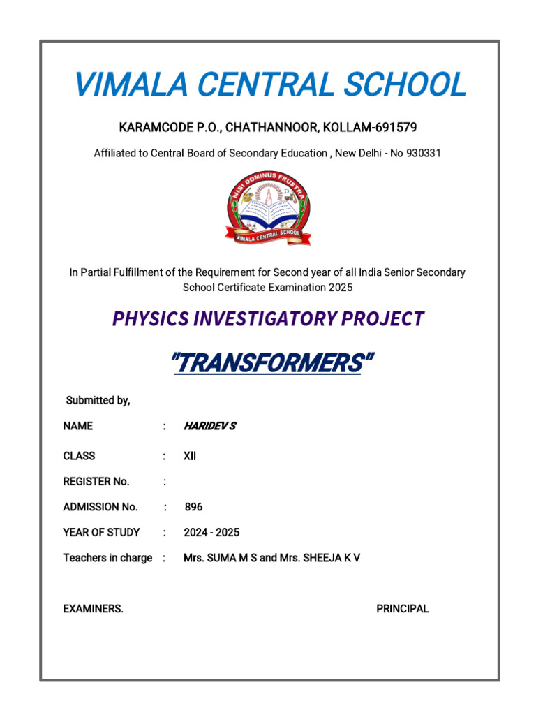 Physics Project Class Transformer | PDF | Transformer | Electromagnetic Induction