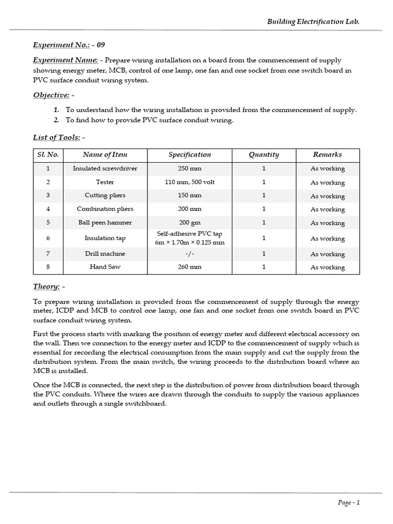 Experiment No.: - 09 Experiment Name: - : Building Electrification Lab ...
