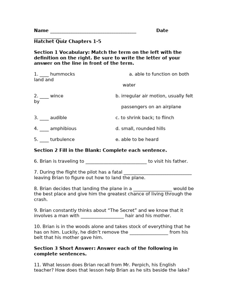 HatchetQuizzesandTest 1 | PDF | Home & Garden