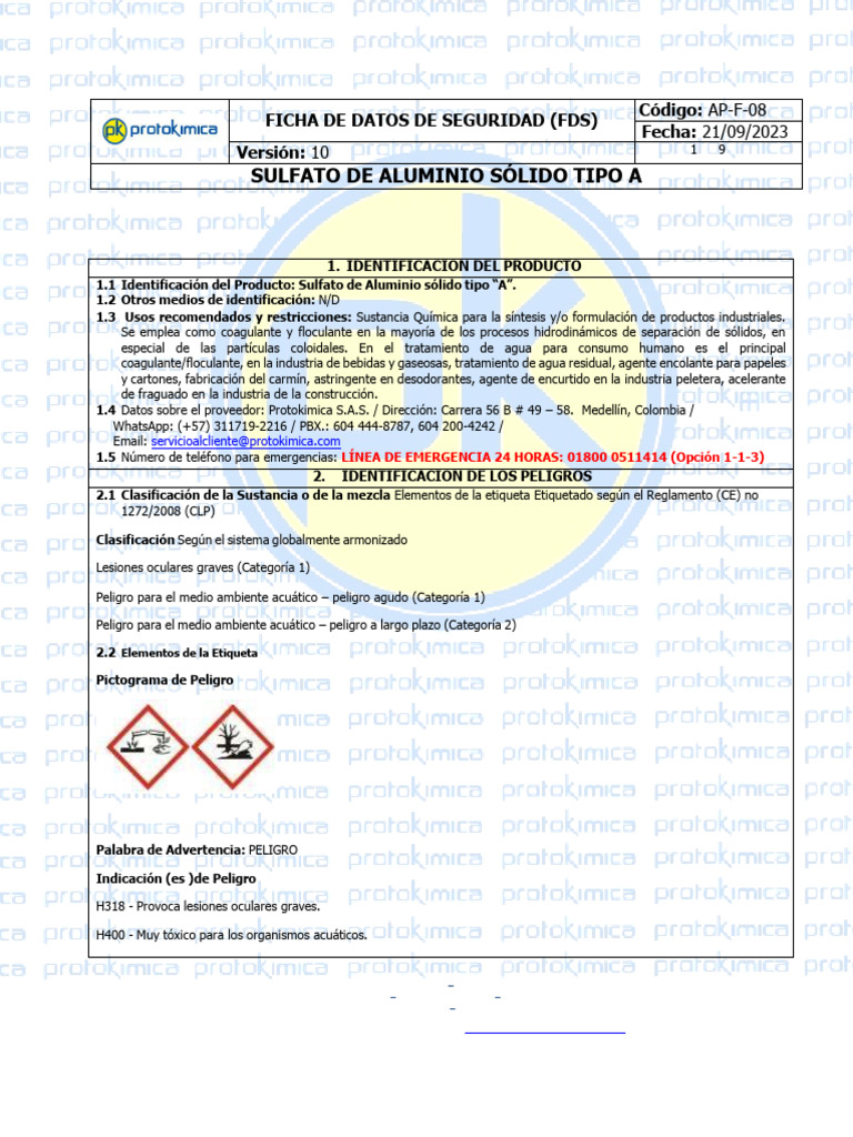 Ficha Técnica: Sulfato de Aluminio A | PDF | Agua | Combustión