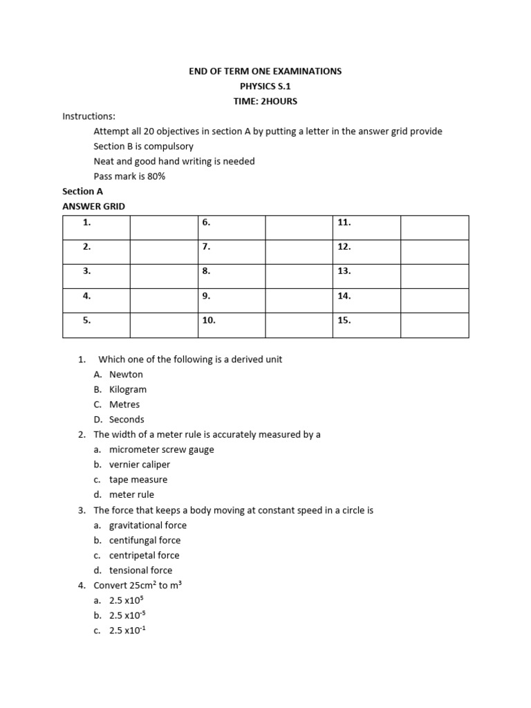 Physics S1 End of Term Exam Paper | PDF | Force | Velocity