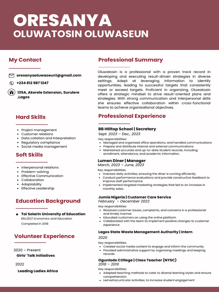 Oresanya Oluwatosin CV | PDF | Communication | Cognition