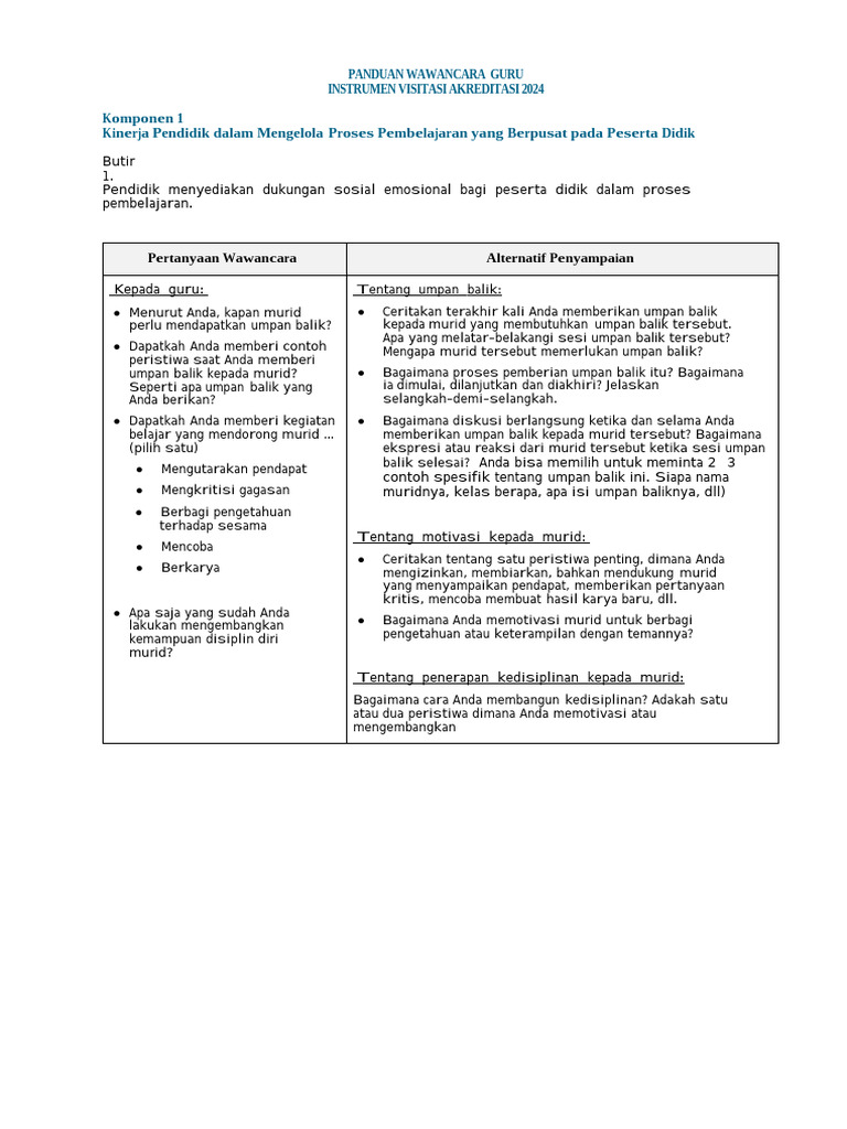 Panduan Wawancara Guru Instrumen Akreditasi 2024 | PDF | Pengembangan Diri
