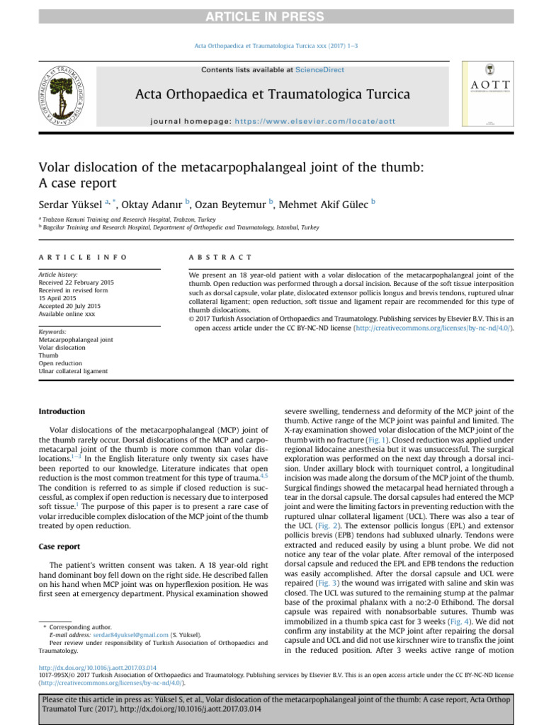 Volar dislocation MCP thumb | PDF | Thumb | Musculoskeletal System