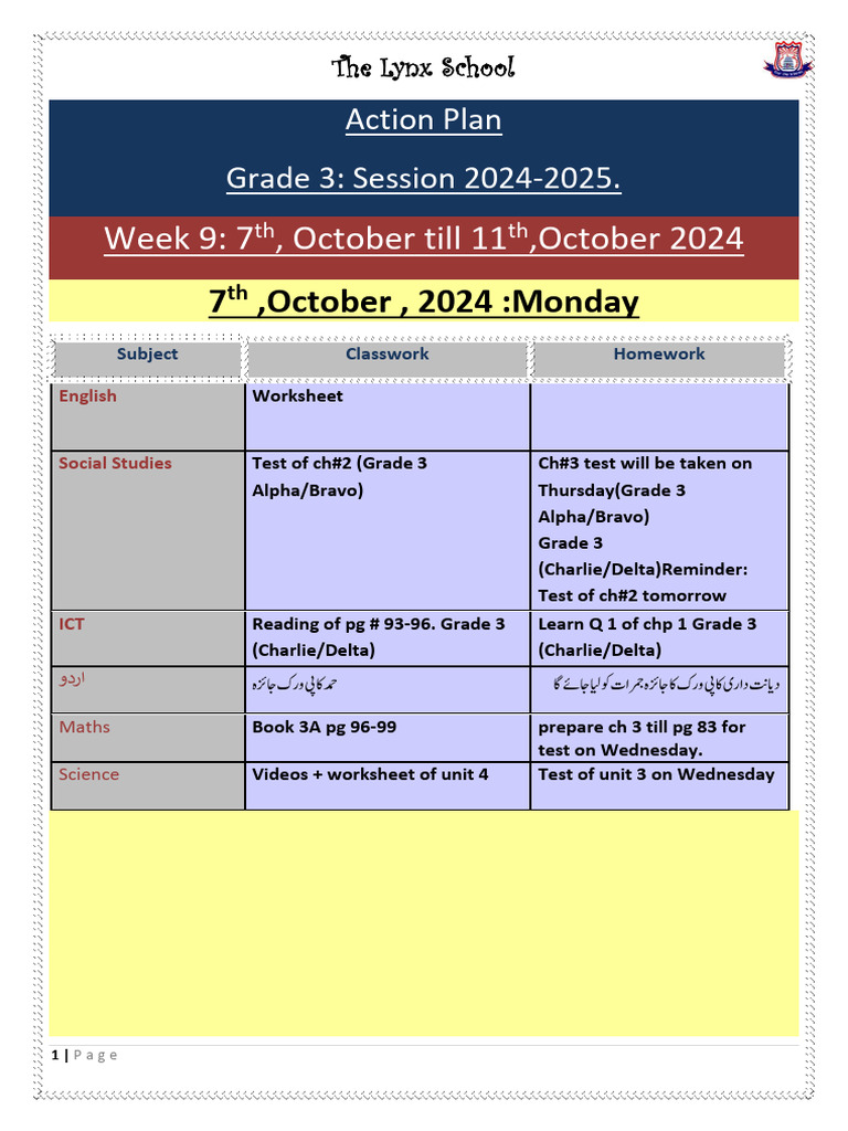 Grade 3 Week 9 Action Plan 7th Oct-11th Oct | PDF