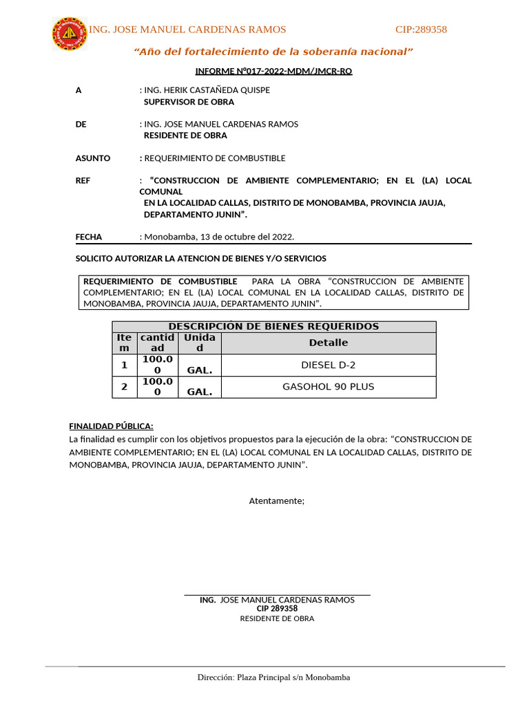 Informe #017 Combustible Ok | PDF | Daños y perjuicios