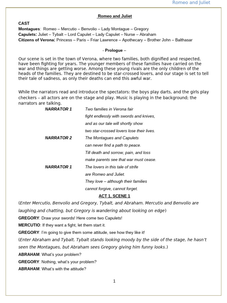Romeo and Juliet Short Script Docx | PDF | Characters In Romeo And ...