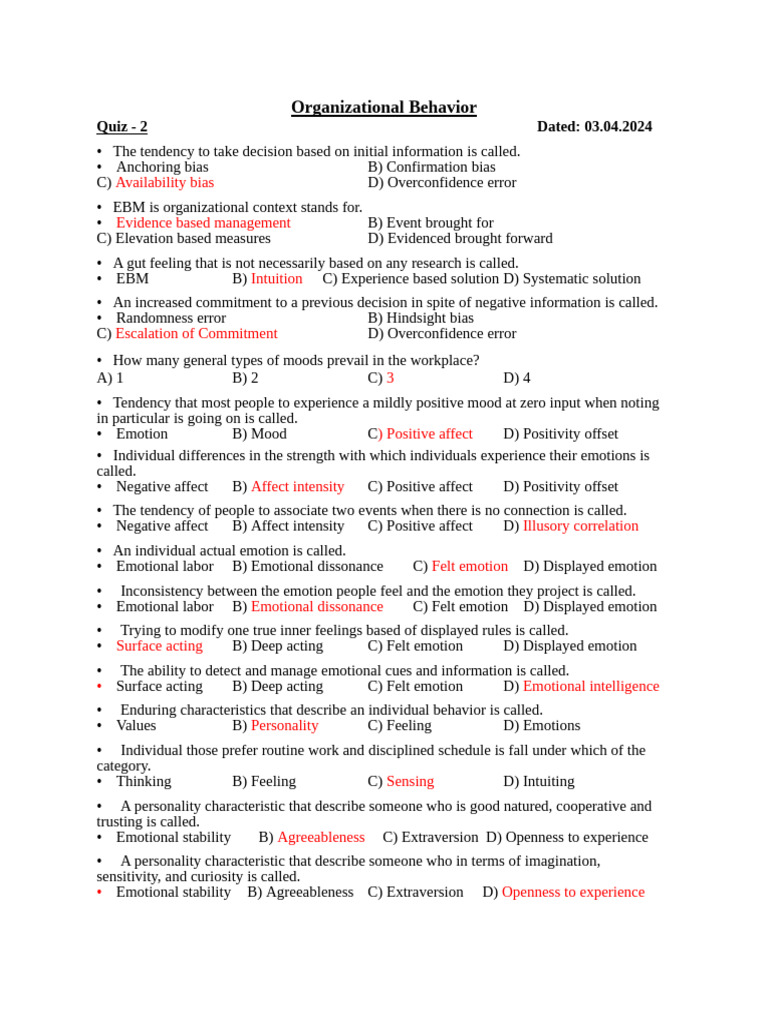 OB Quiz Chapter 4 To 6 Dated 03042024 | PDF | Emotions | Bias