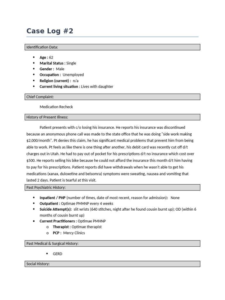 Case Log #2 - Daloris Sylvester | PDF | Generalized Anxiety Disorder ...