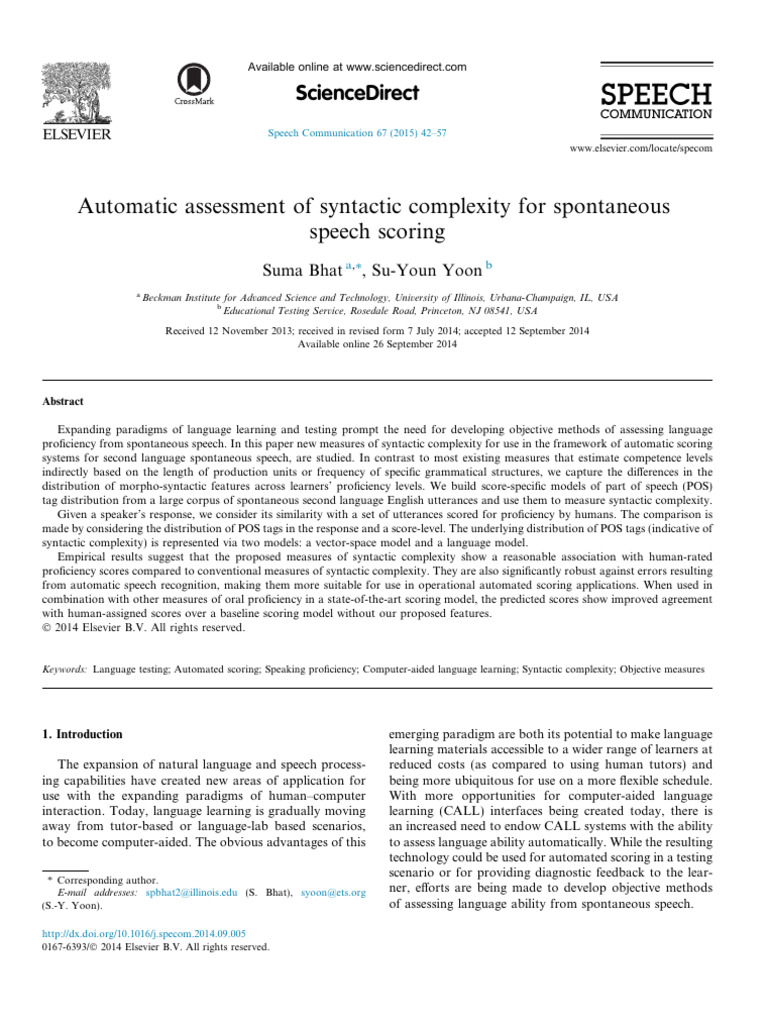 Automatic assessment of syntactic complexity for spontaneous speech scoring | PDF | Language ...