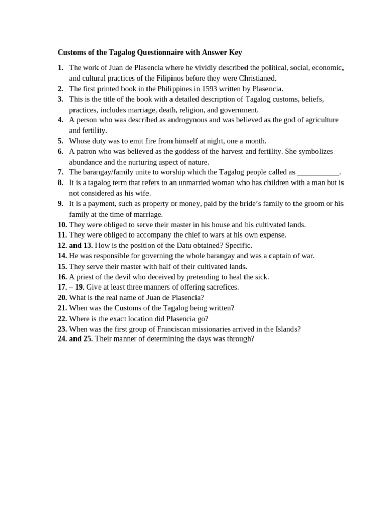 Customs of The Tagalog Questionnaire With Answer Key | PDF | Marriage ...