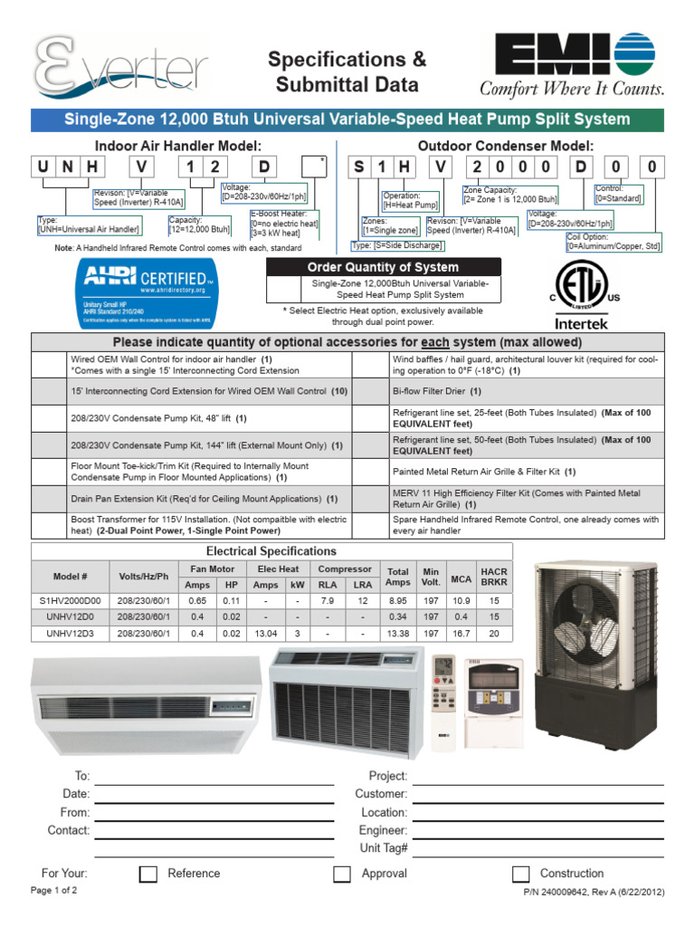 Universal UNHV 12 HP Spec Submittal | PDF | Heat Pump | Electrical Engineering