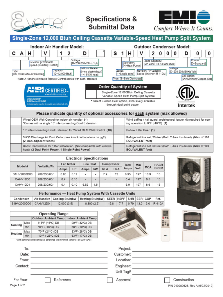 Cassette CAHV 12 HP Spec Submittal | PDF | Mechanical Engineering | Engineering Thermodynamics