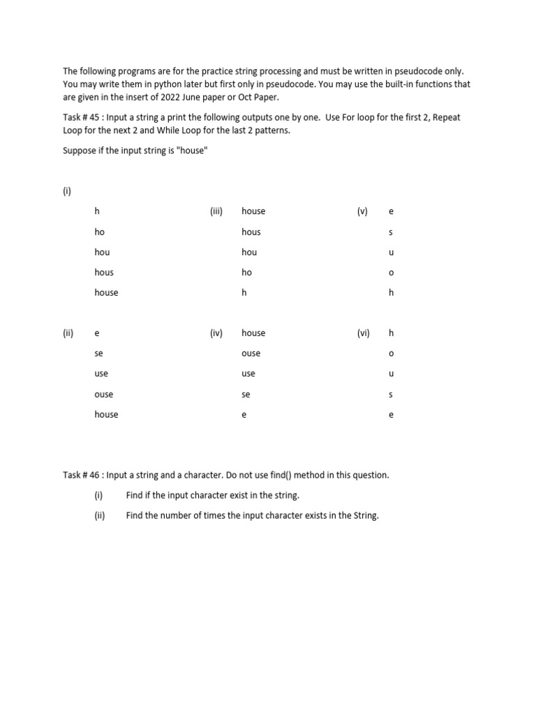 Programming Fifth Batch (String, Pseudocode Only) 45-55 | PDF | String ...
