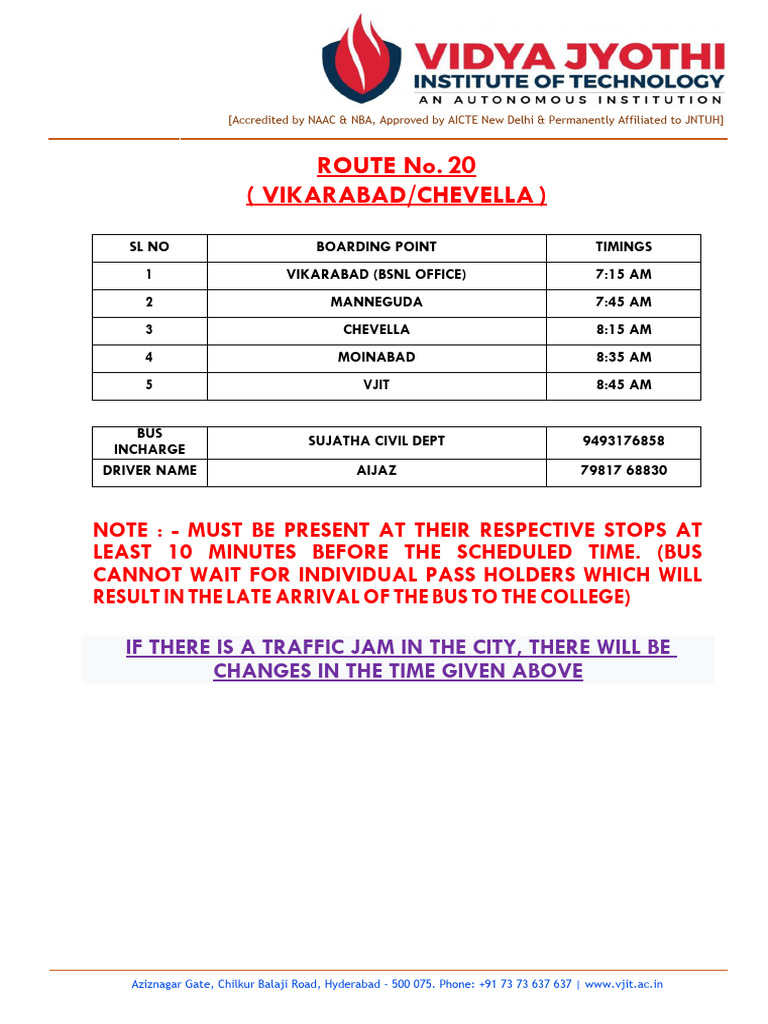 Vjit College Bus Timings May 2023 20 | PDF
