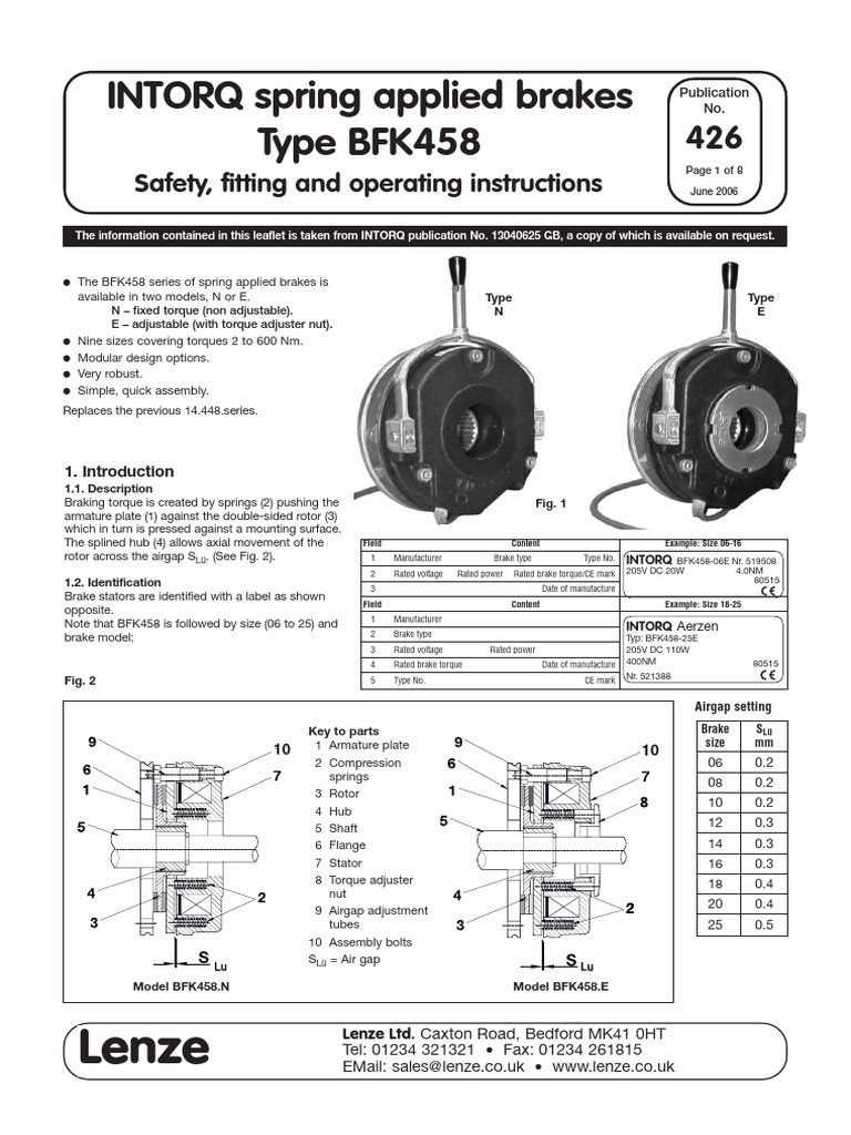 Lenze: INTORQ Spring Applied Brakes Type BFK458 | PDF | Rectifier | Screw