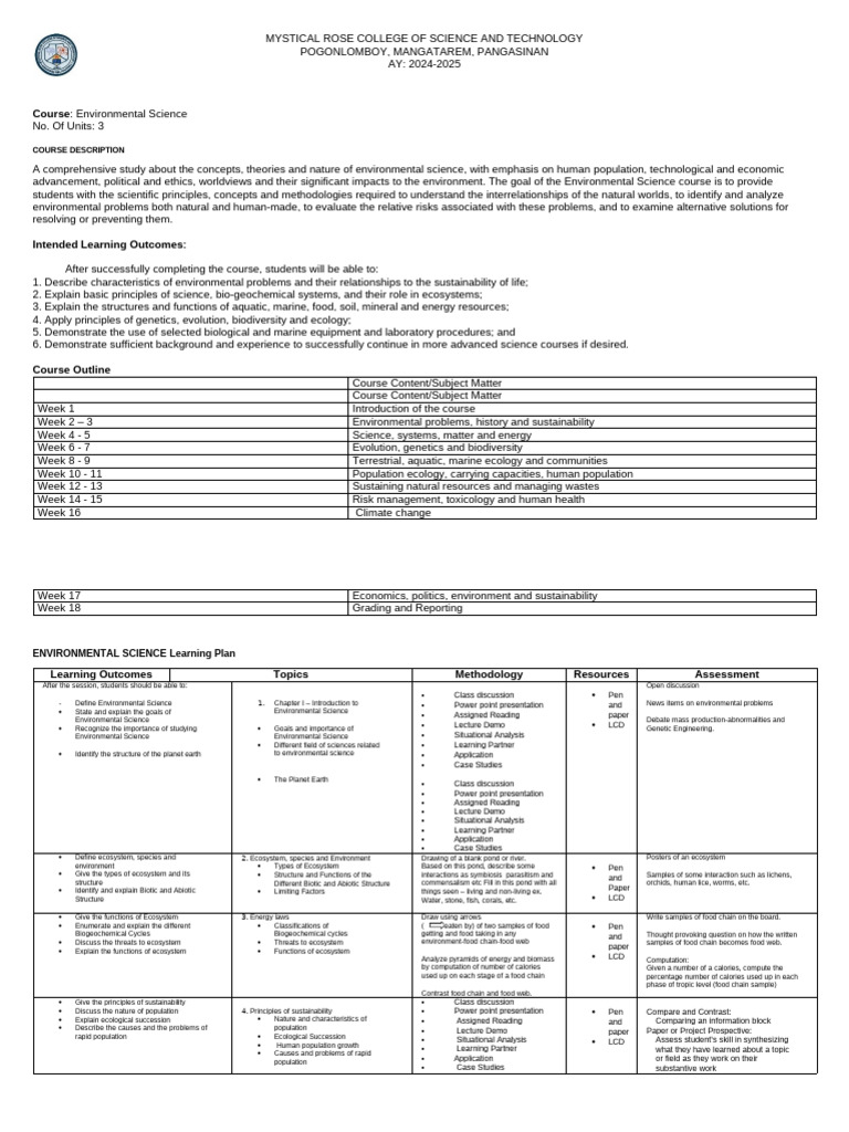 Environmental Science Syllabus | PDF | Ecology | Ecosystem