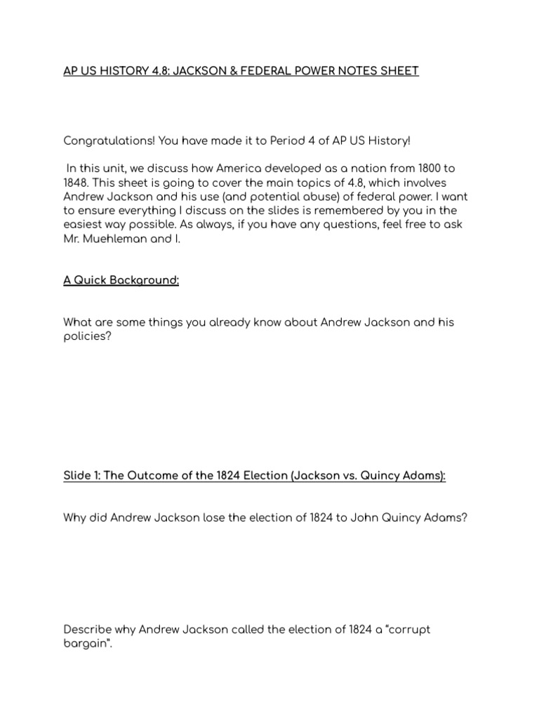 Ap Us History 4.8 Notes Sheet | PDF | Andrew Jackson | Politics Of The ...