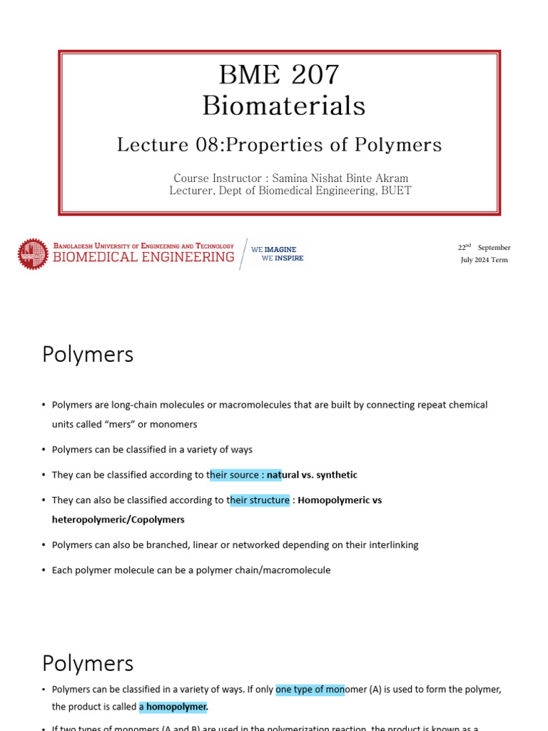 Lecture 8 - Polymer Properties | PDF | Polymers | Copolymer