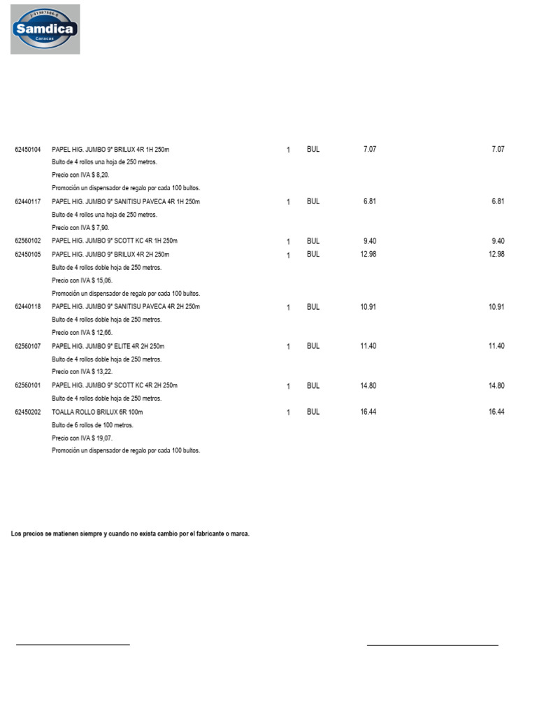 Lista Papel Institucional Comparativa $ Sin Iva Brilux, Paveca, Scott y ...