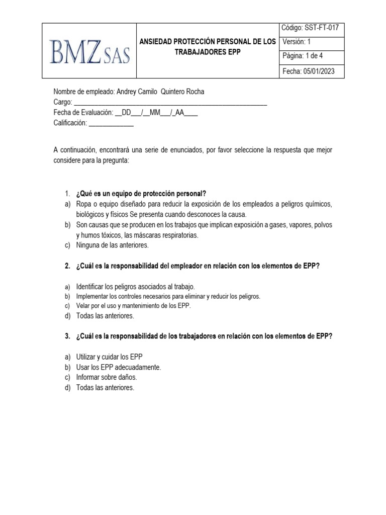 eveluación Elementos de EPP | PDF | Ansiedad | Toxicidad