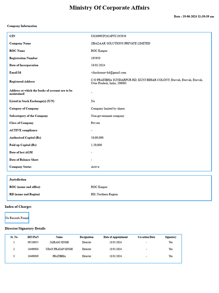 Ministry of Corporate Affairs - MCA Services | PDF