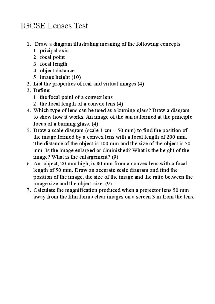 IGCSE Lenses Test and Calculations | PDF